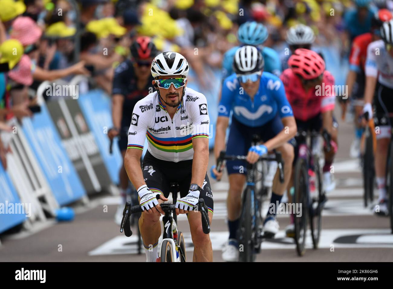 Julian Alaphilippe for Deceuninck Quick Step crosses the finish line ...