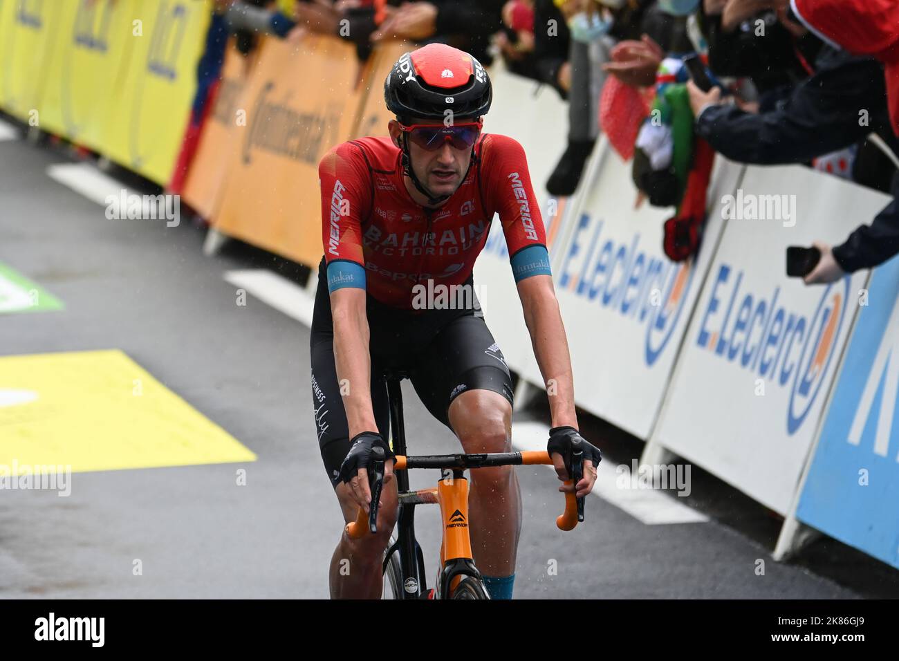 Wouter Poels for team Bahrain Victorious crosses the finish line to ...