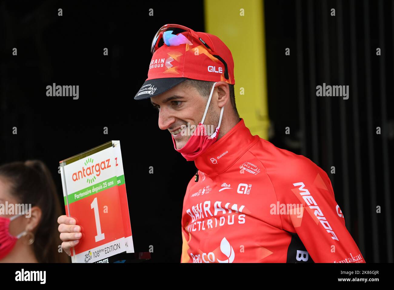 Wouter Poels for team Bahrain Victorious crosses the finish line to ...