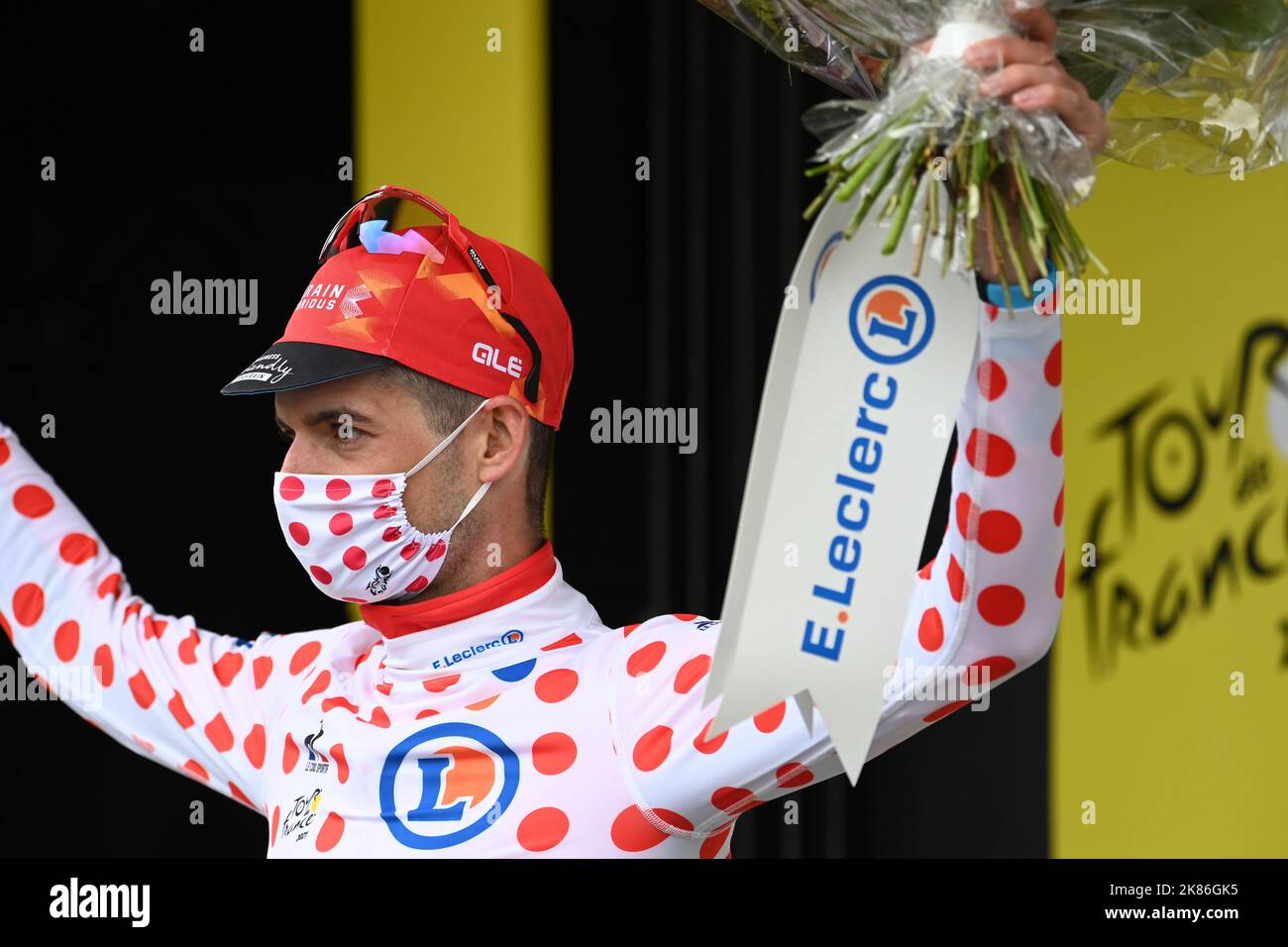 Wouter Poels for team Bahrain Victorious crosses the finish line to ...