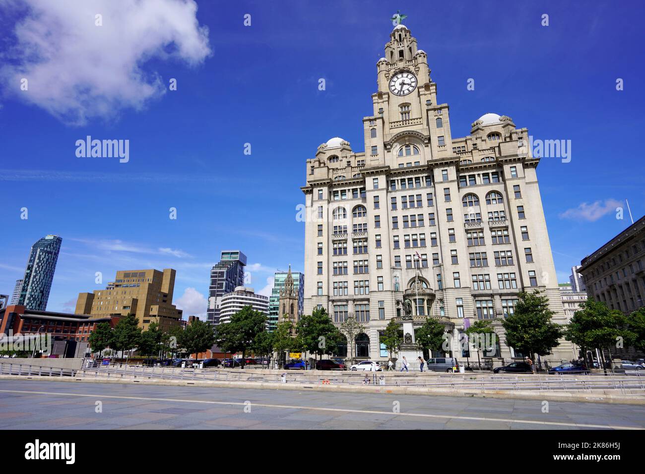 LIVERPOOL, UK - JULY 14, 2022: Liverpool cityscape with Royal Liver ...