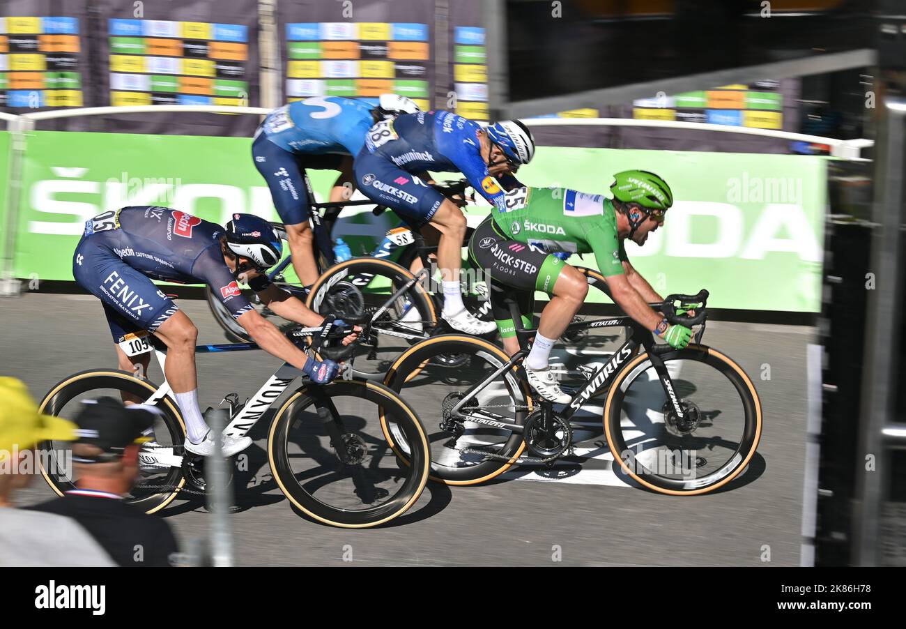 Mark Cavendish of team Deceuninck-Quick-Step wins the stage in a sprint ...