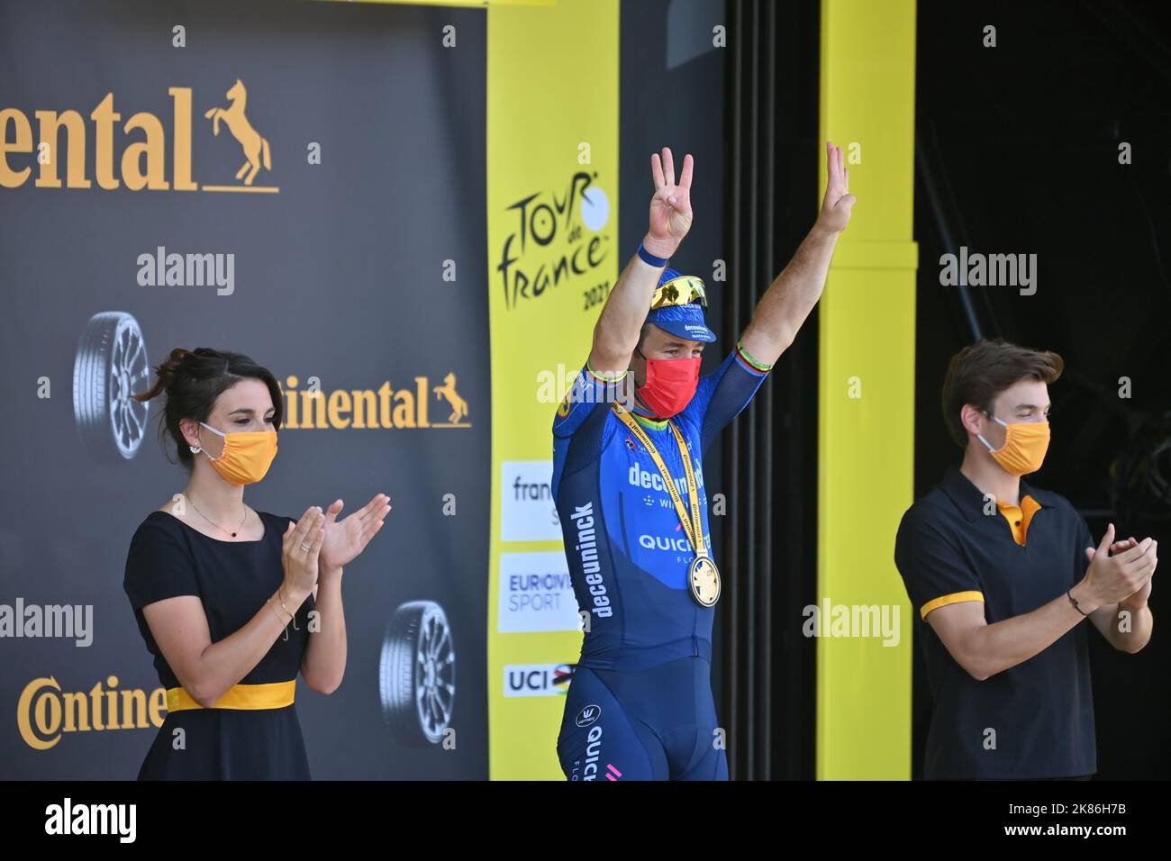 Mark Cavendish of team Deceuninck-Quick-Step wins the stage in a sprint ...