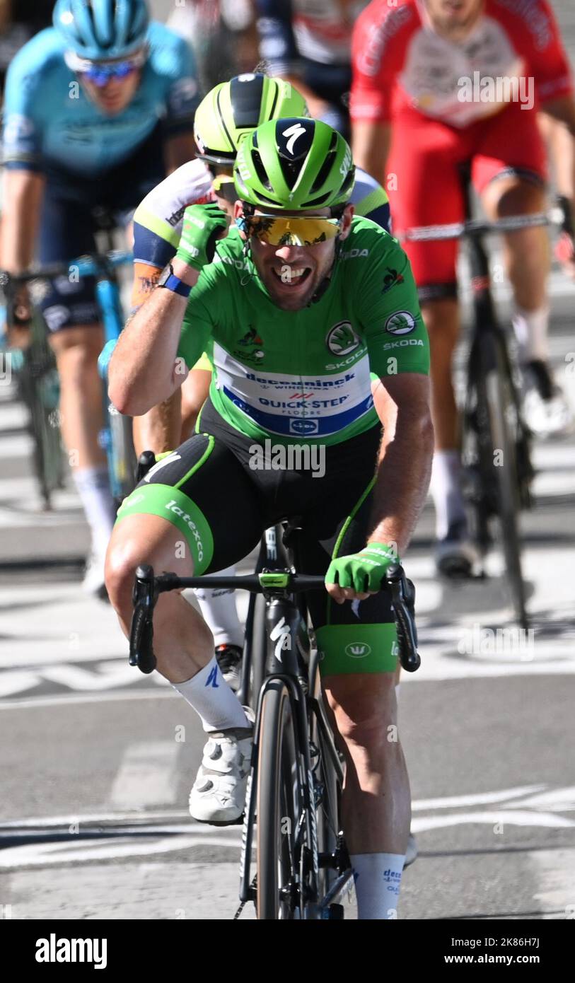 Mark Cavendish of team Deceuninck-Quick-Step wins the stage in a sprint ...