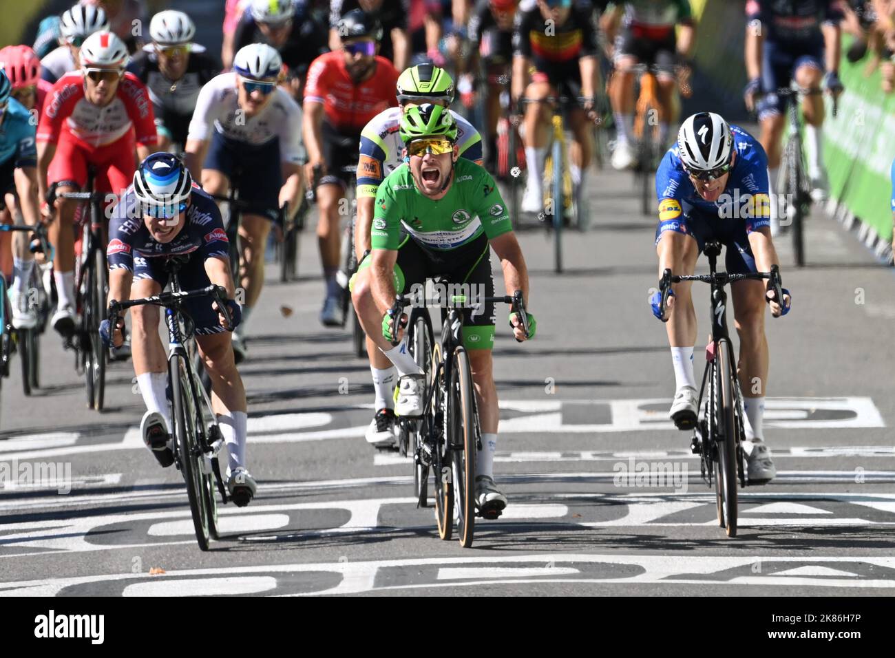 Mark Cavendish of team Deceuninck-Quick-Step wins the stage in a sprint ...
