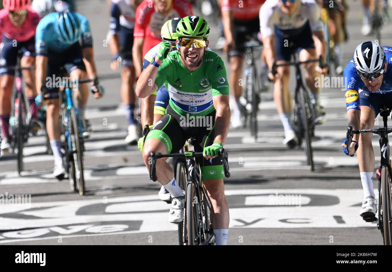 Mark Cavendish of team Deceuninck-Quick-Step wins the stage in a sprint ...
