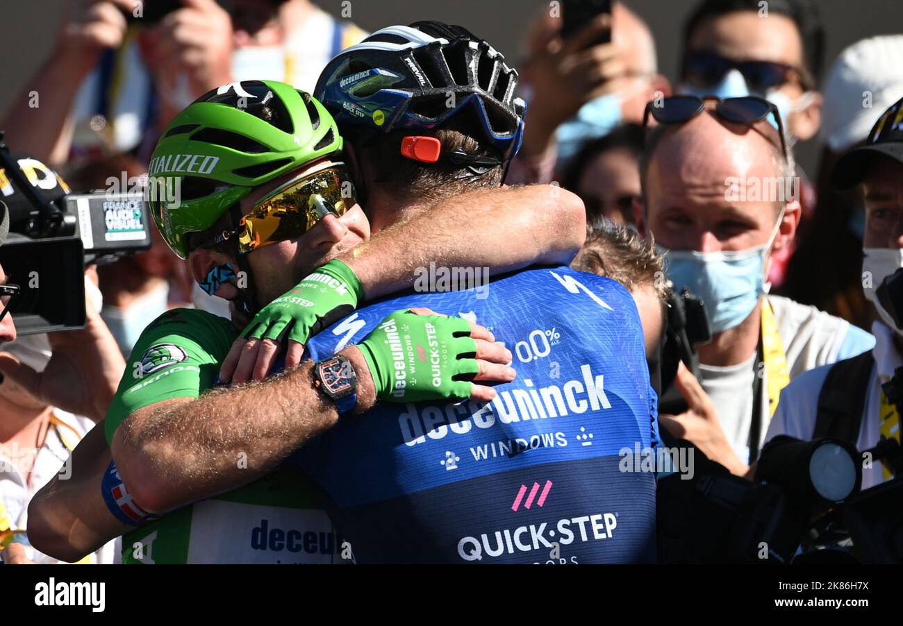 Mark Cavendish of team Deceuninck-Quick-Step wins the stage in a sprint ...