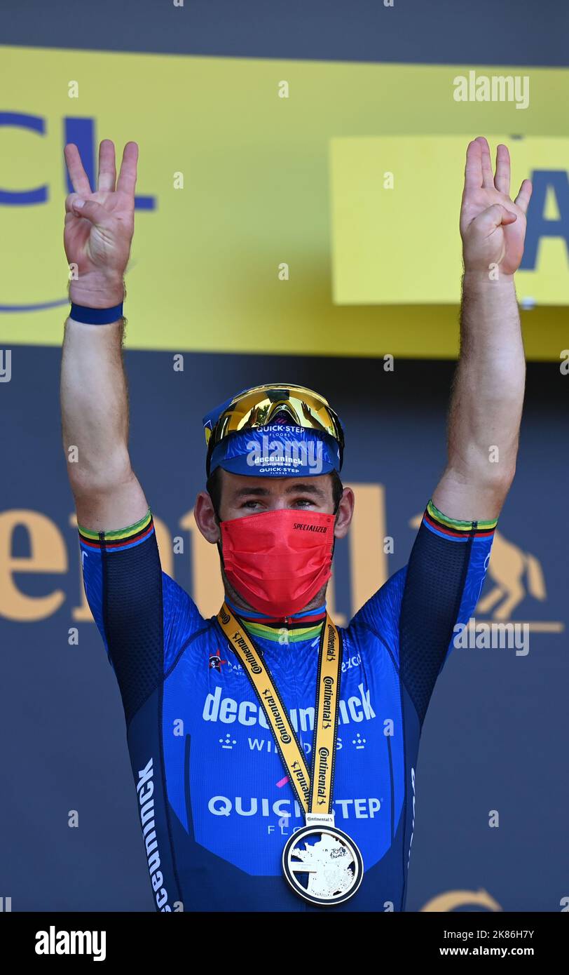 Mark Cavendish of team Deceuninck-Quick-Step wins the stage in a sprint ...