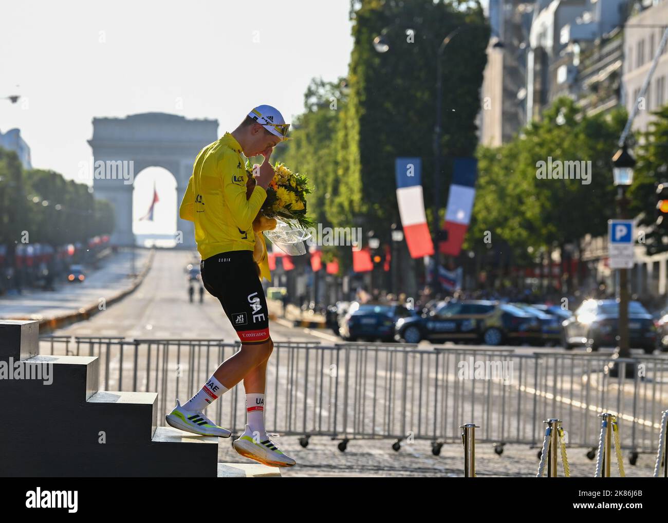 UAE Emirates rider Tadej POGACAR walking off the podium in the yellow ...