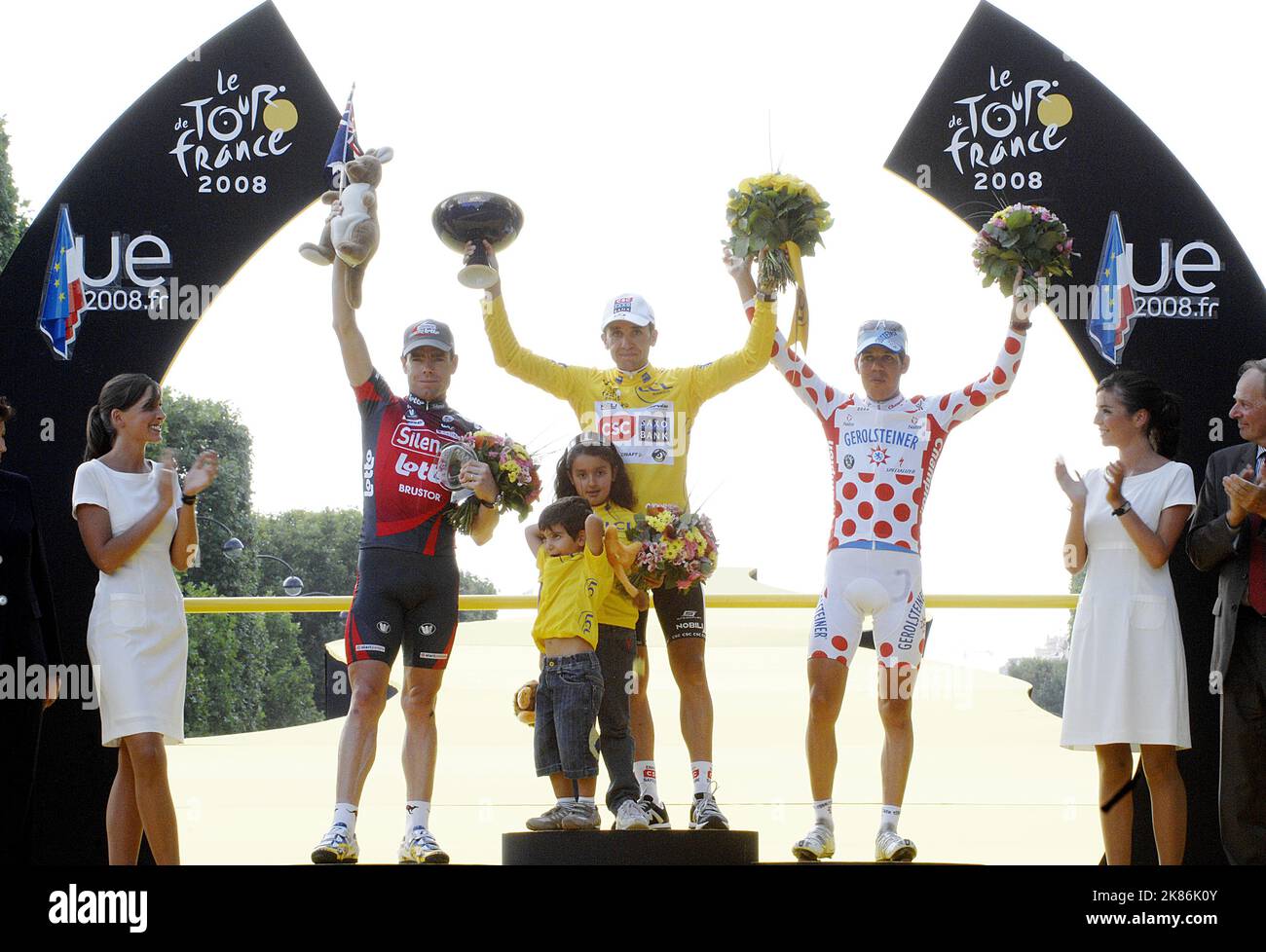 Carlos Sastre, Bernhard Kohl and Cadel Evans celebrate on the podium at ...