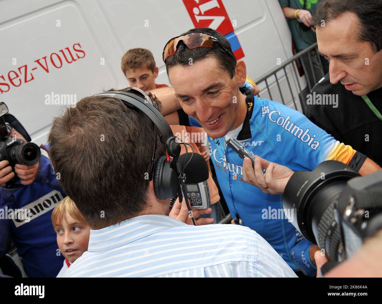 Team Columbia's Marco Pinotti being interviewed after stage 5 of the ...