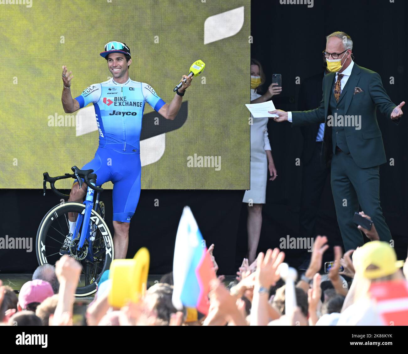 Michael Matthews of Australia and Team BikeExchange-Jayco reacts to the ...