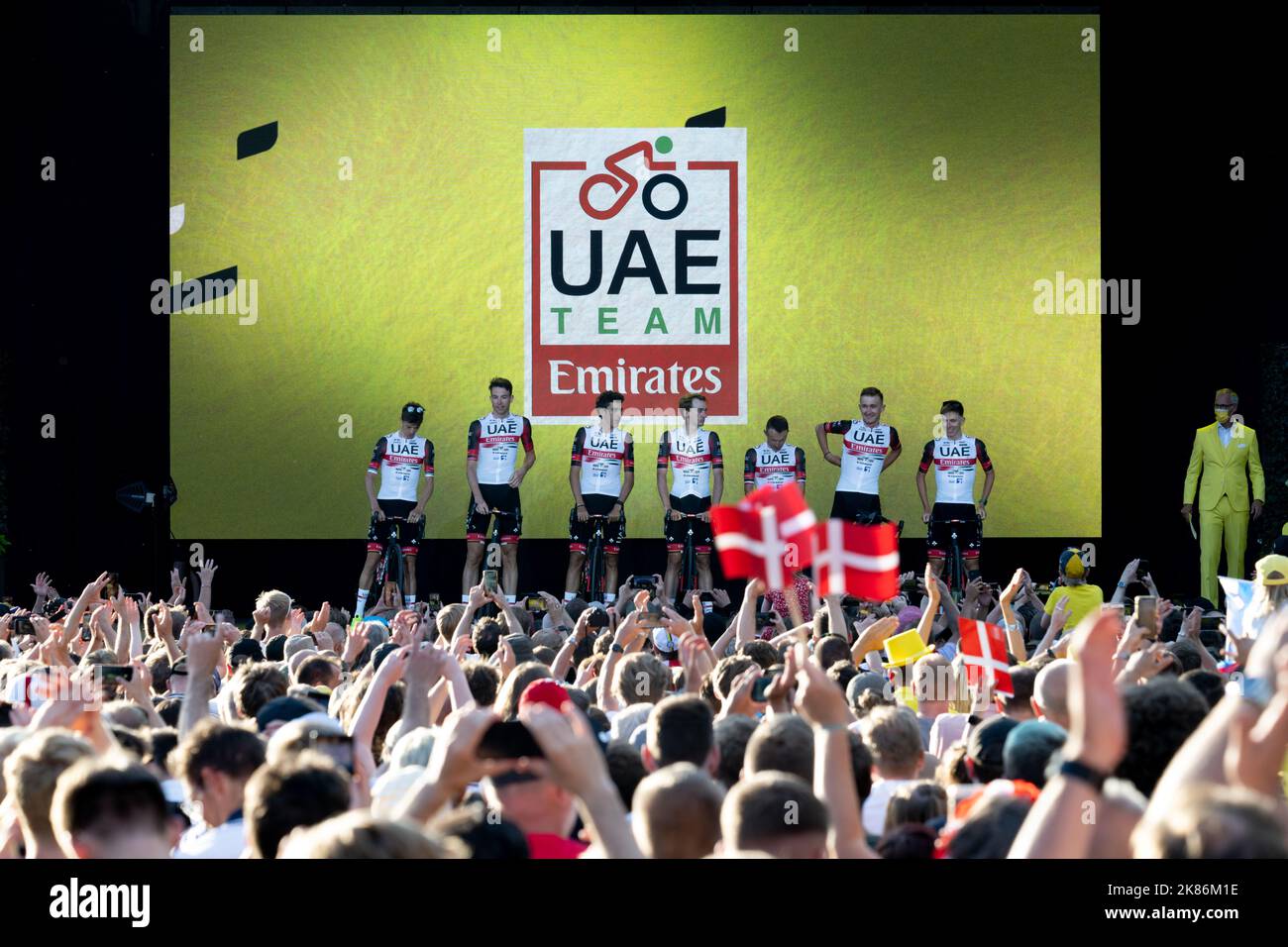 Tour de France 2022, Copenhagen, Denmark. Team UAE Emirates stand on ...