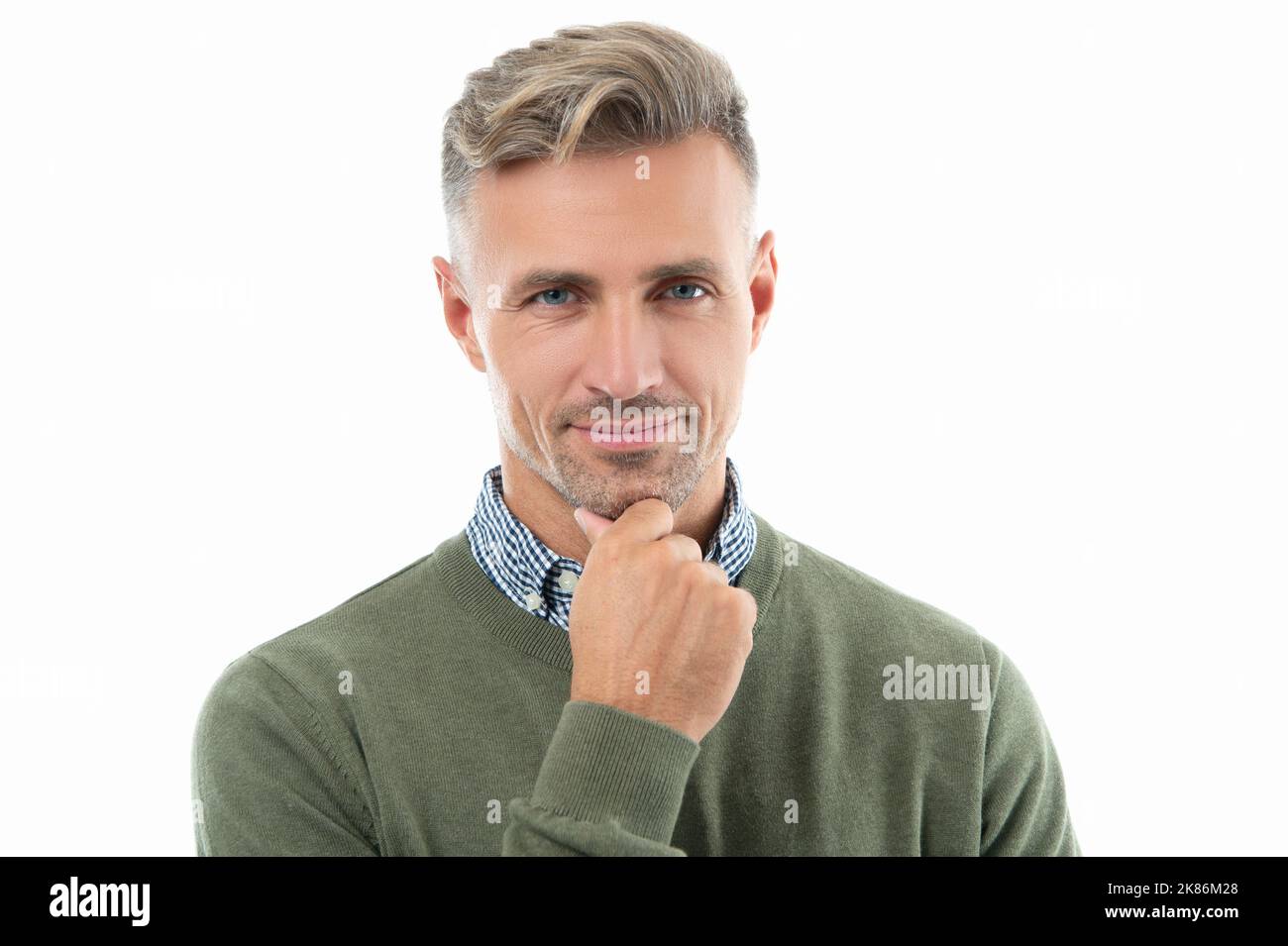 cheerful mature unshaven man with stubble isolated on white background ...