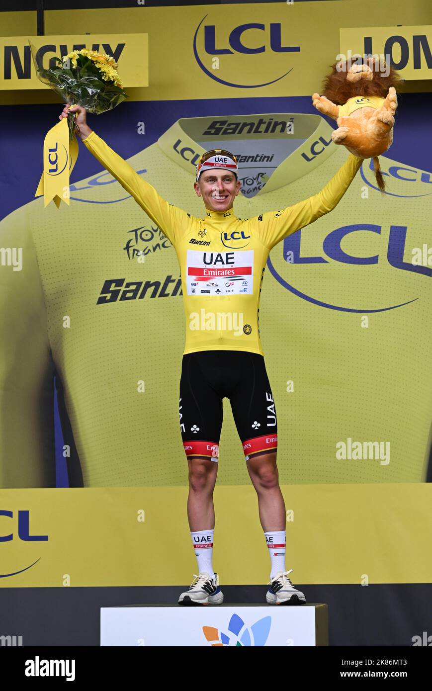 Stage winner and overall leader Tadej Pogacar for team UAE Emirates ...