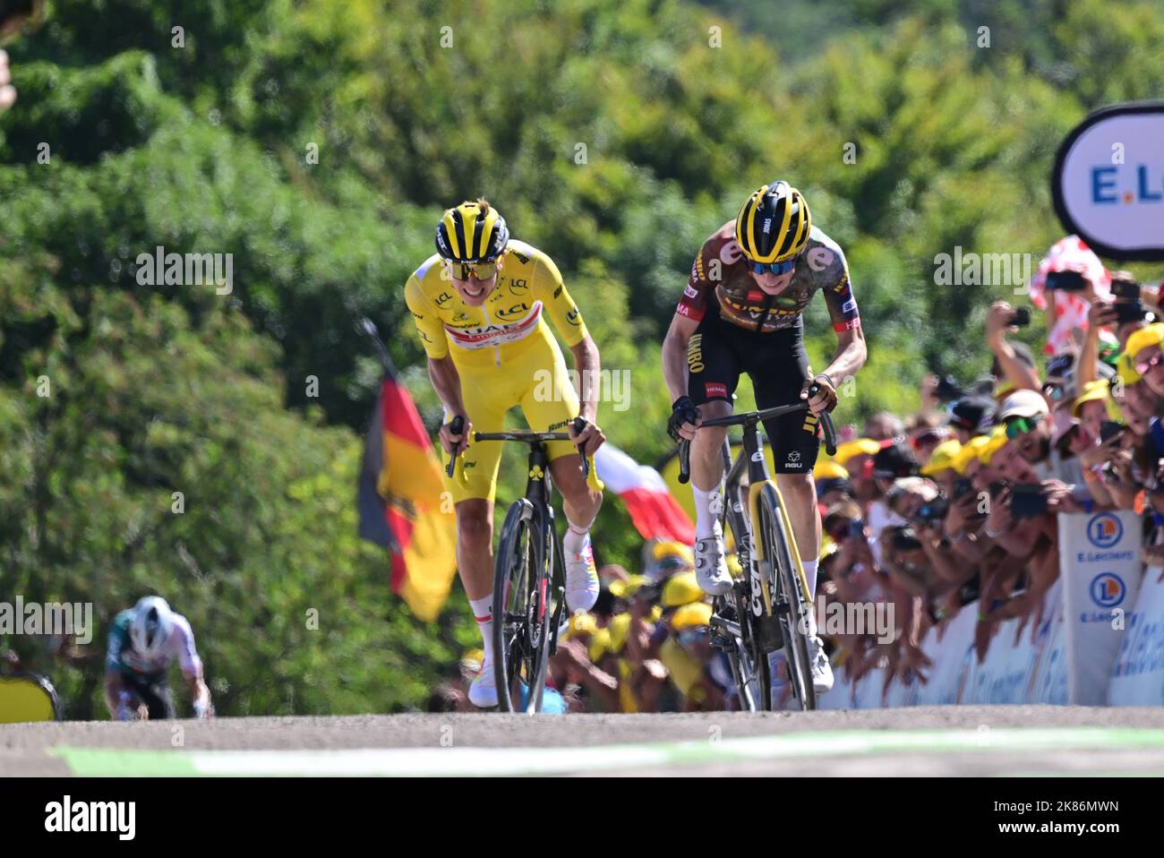 Tadej Pogacar for team UAE Emirates attacks in the final metres of the ...