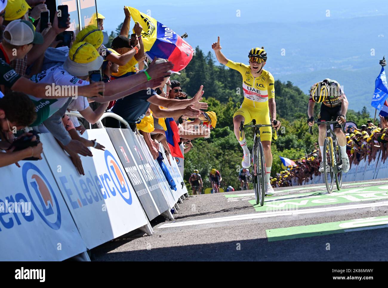 Tadej Pogacar for team UAE Emirates attacks in the final metres of the ...