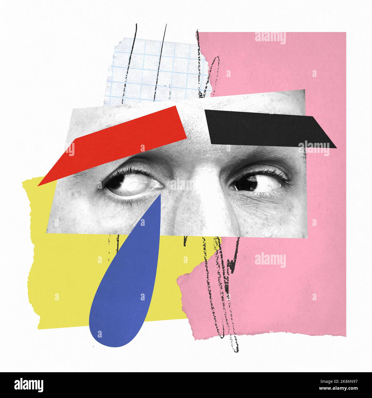 Contemporary art collage. Creative bright design. Male face part, eyes ...