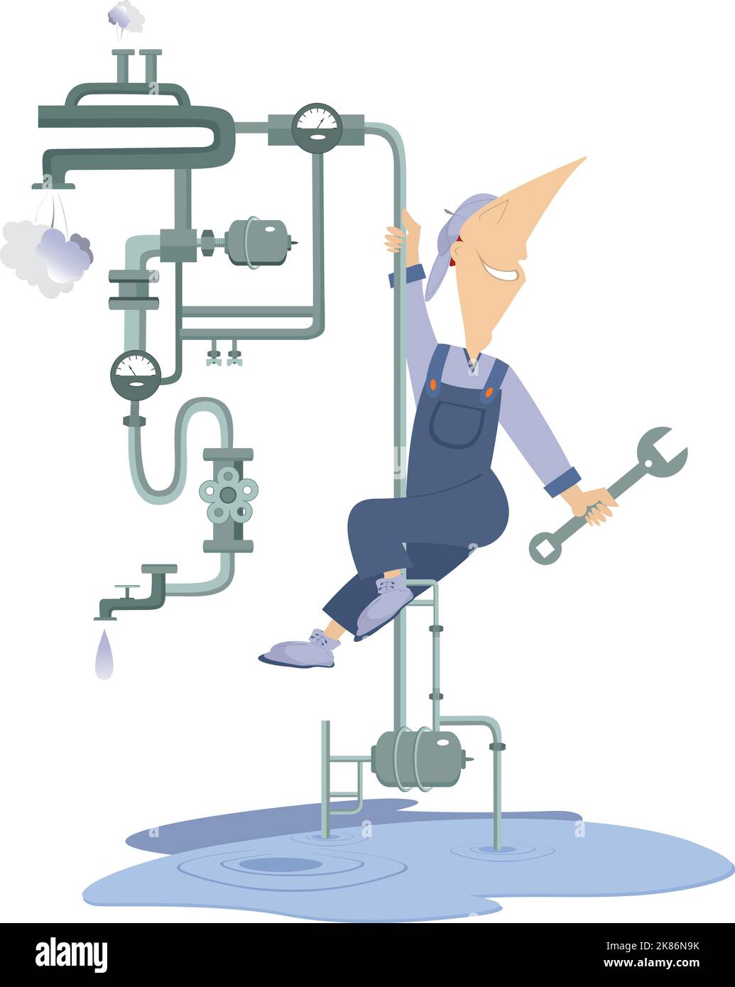 Comic mechanic repairs pipe construction. Breakdown. Comic mechanic ...