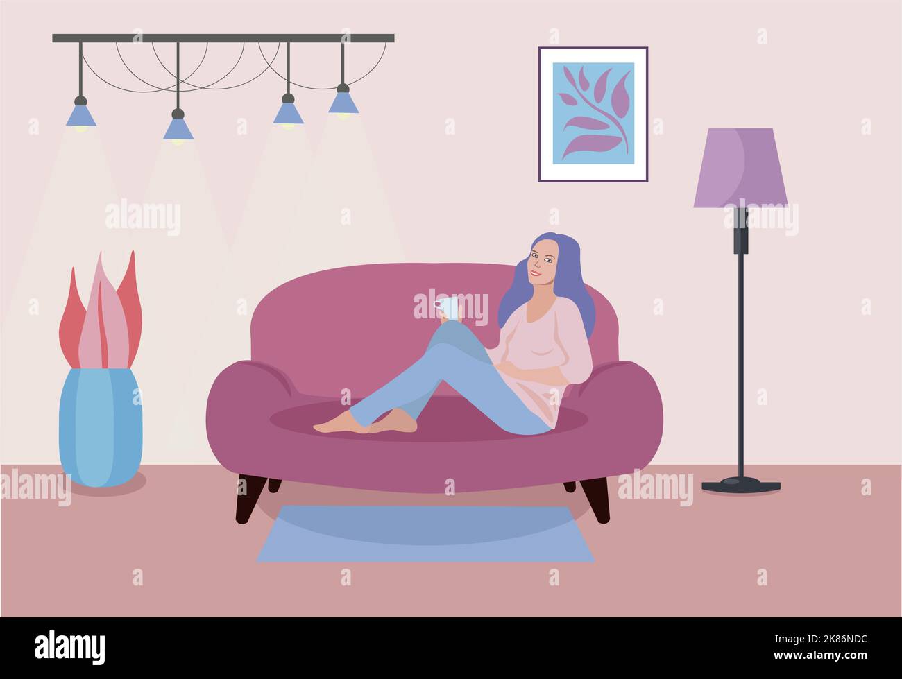 Depressed woman sirring on couch in room of flat, vector illustration ...