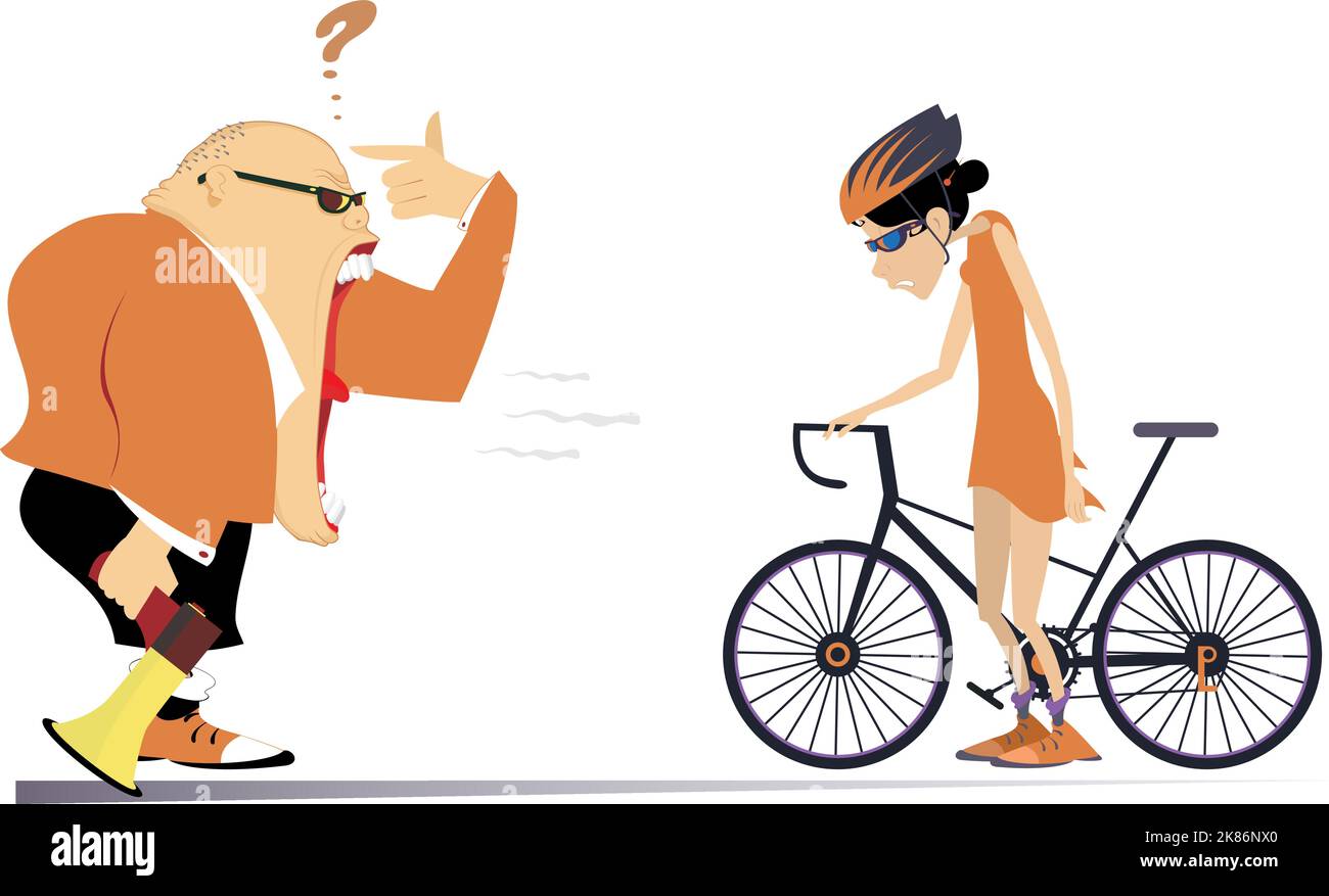 Cycling. Illustration of cyclist and angry coach. Strict trainer with ...