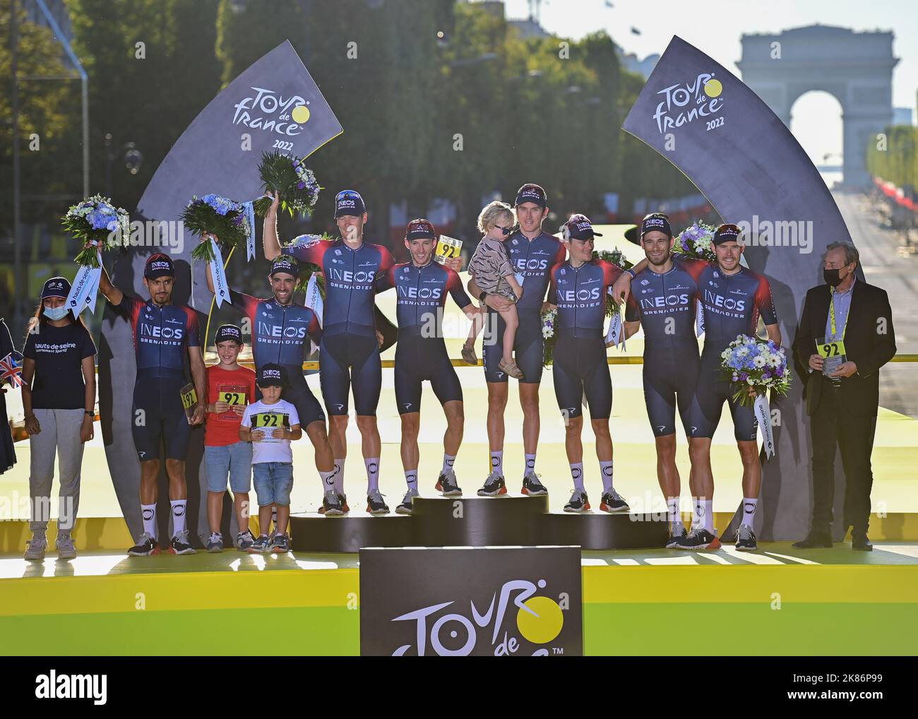 INEOS Grenadiers winning the team classification after Stage 21 of the Tour De France, Lacapelle ...