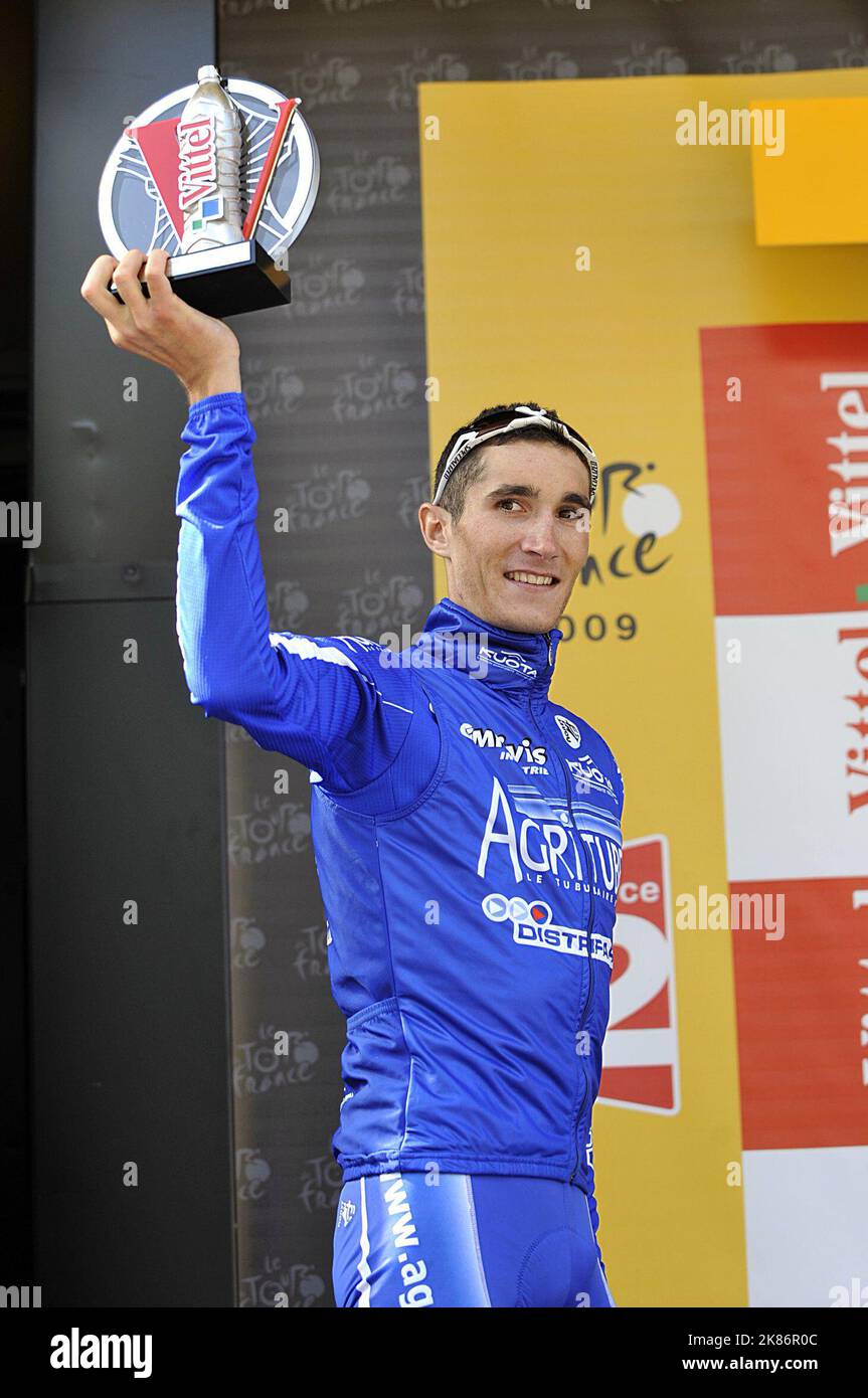Team Agritubel's Brice Feillu on the podium after winning the seventh ...