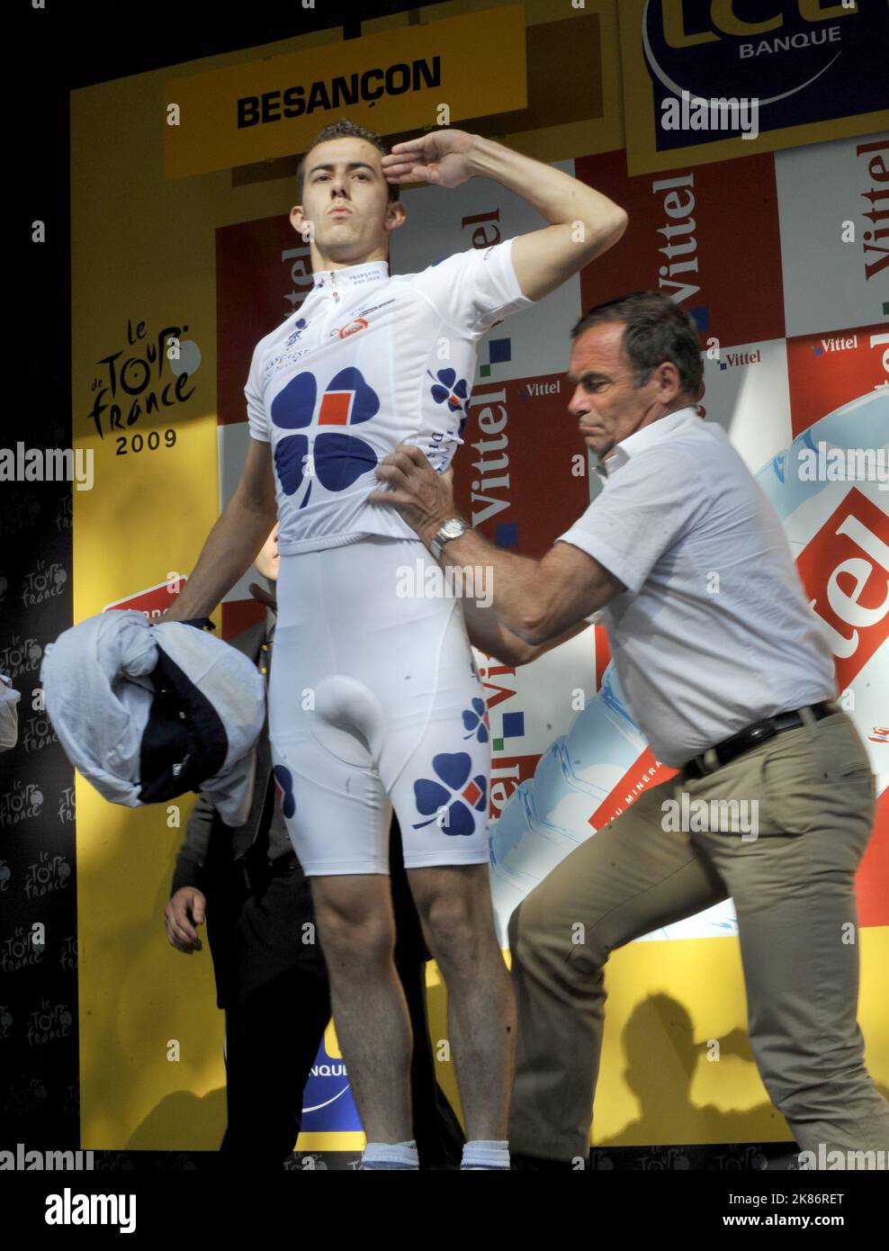 Bernard Hinault pushes an intruder off the podium Stock Photo - Alamy
