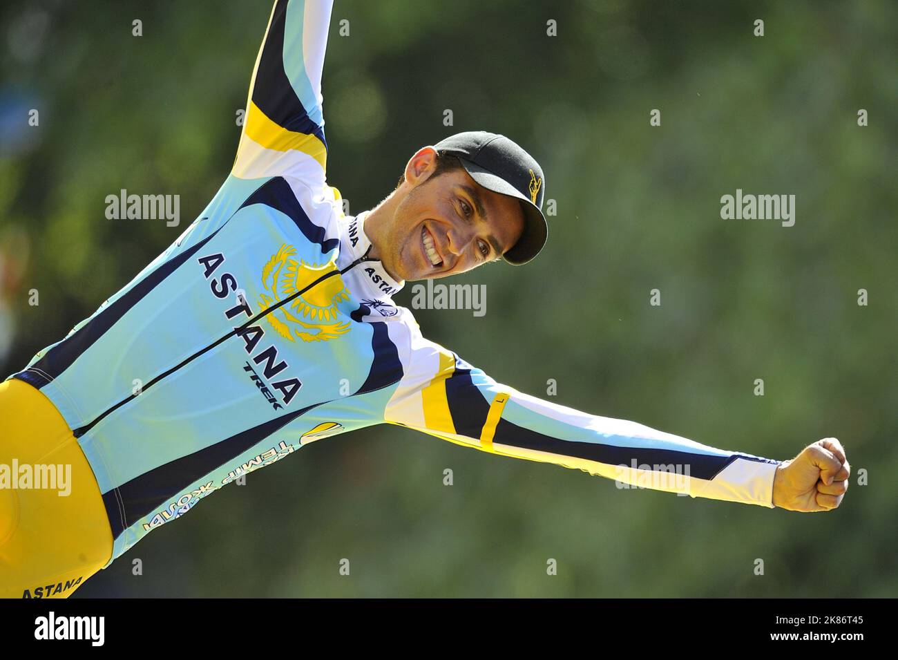 Tour de France winner Alberto Contador of Spain reacts on the podium ...