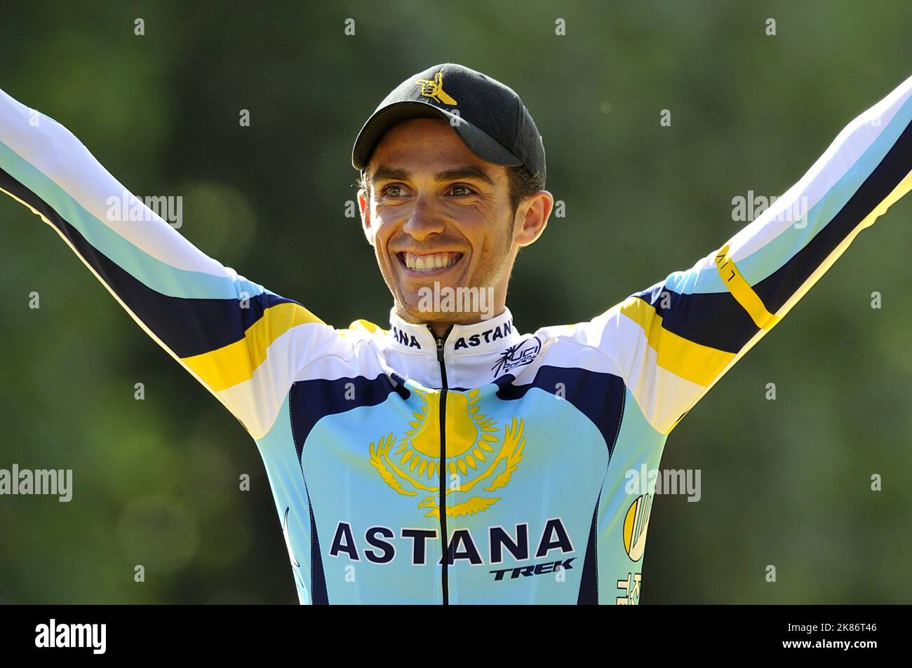 Tour de France winner Alberto Contador of Spain reacts on the podium ...