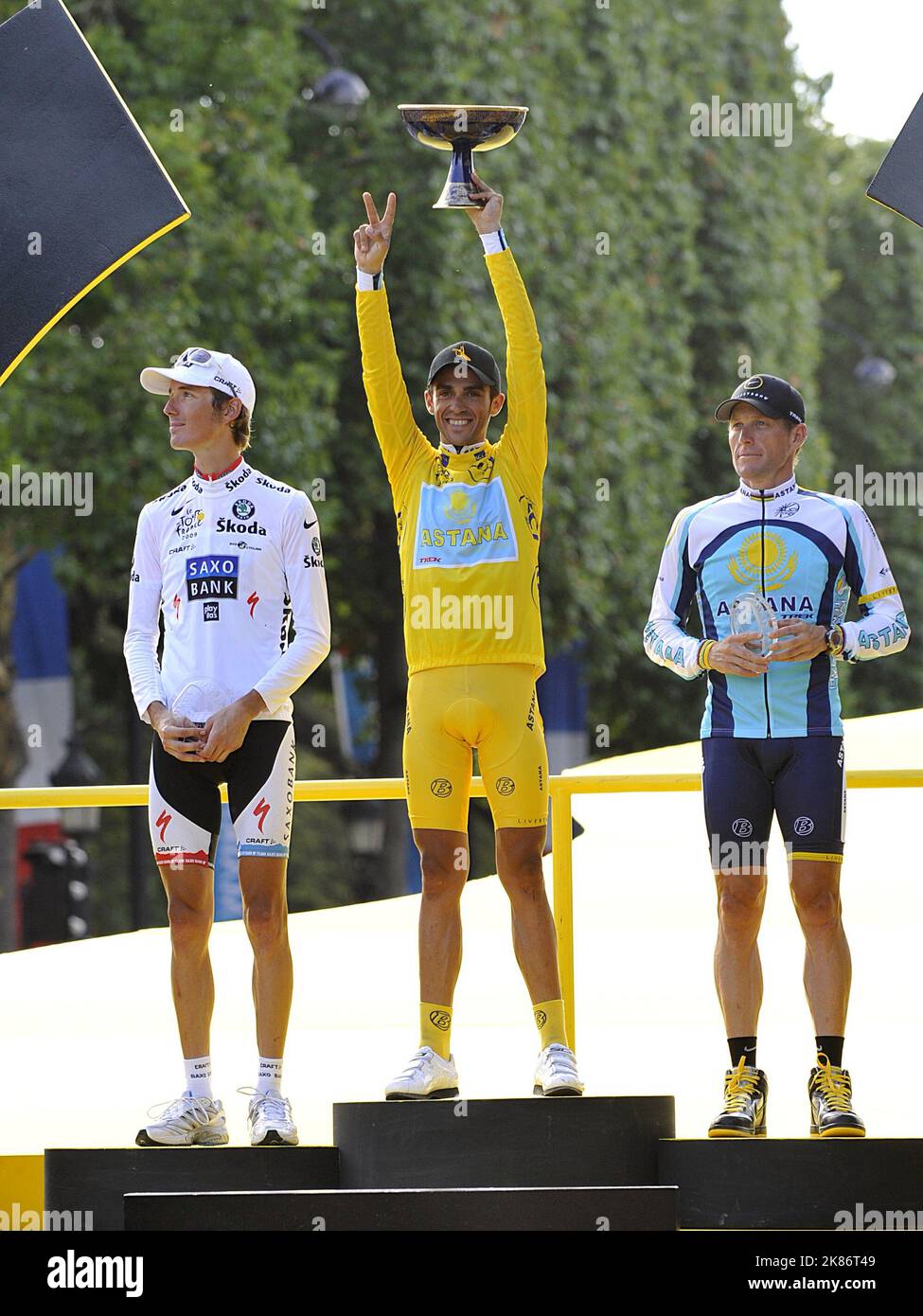 Tour de France winner Alberto Contador (centre), second place Andy ...