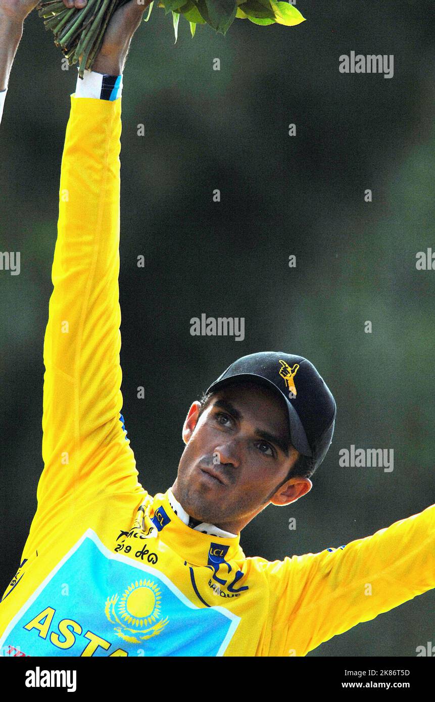 Tour de France winner Alberto Contador on the podium after the twenty ...