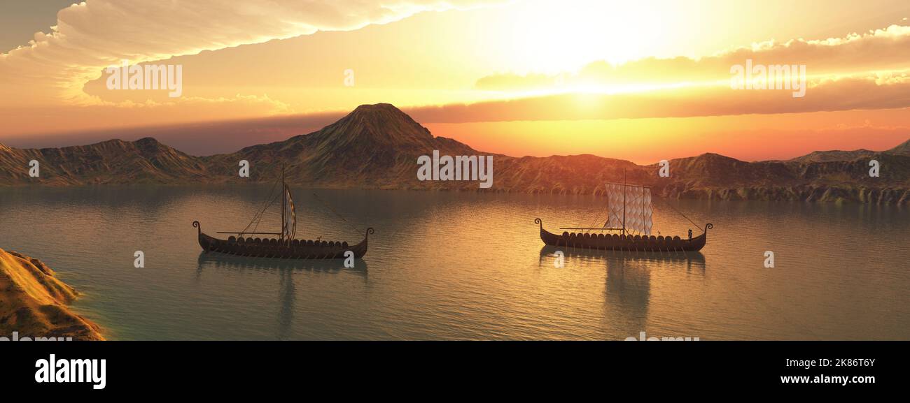Two Viking ships on a river at sunset Stock Photo - Alamy