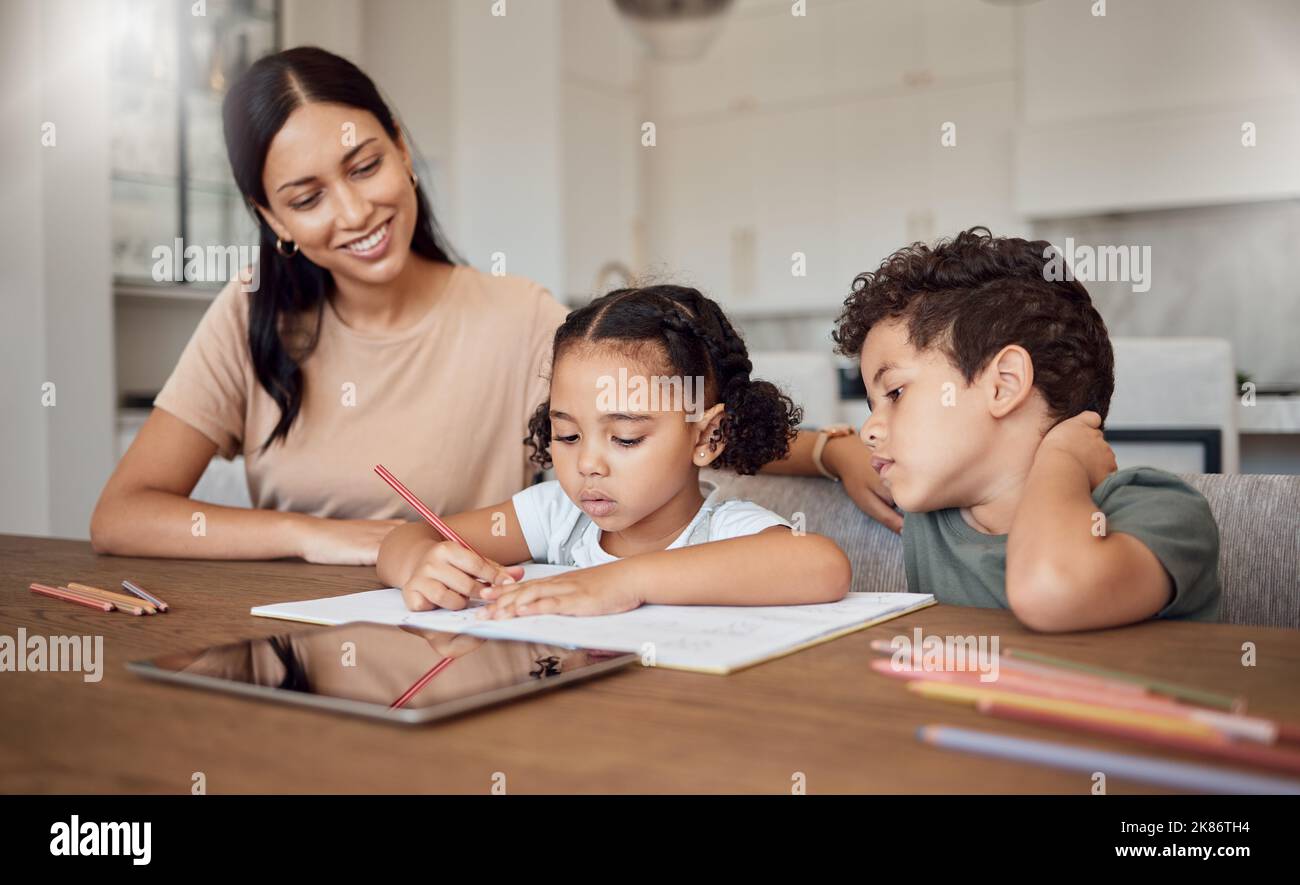 Education, mom and helping children with homework sitting at table ...