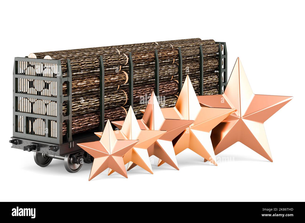 Freight wagon full of wooden logs, with five golden stars. 3D rendering ...