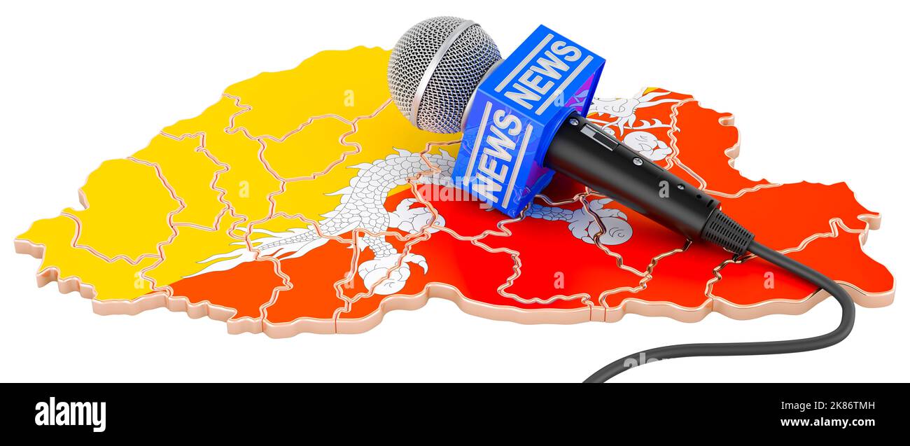 Bhutanese News concept, microphone news on the map of Bhutan. 3D ...