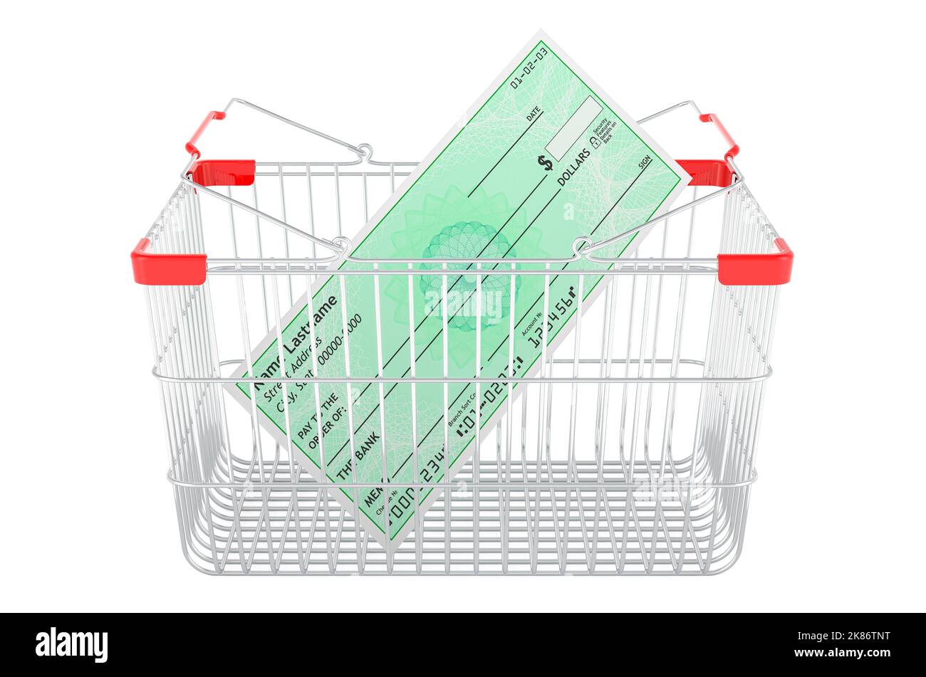 Shopping basket with bank check, 3D rendering isolated on white ...