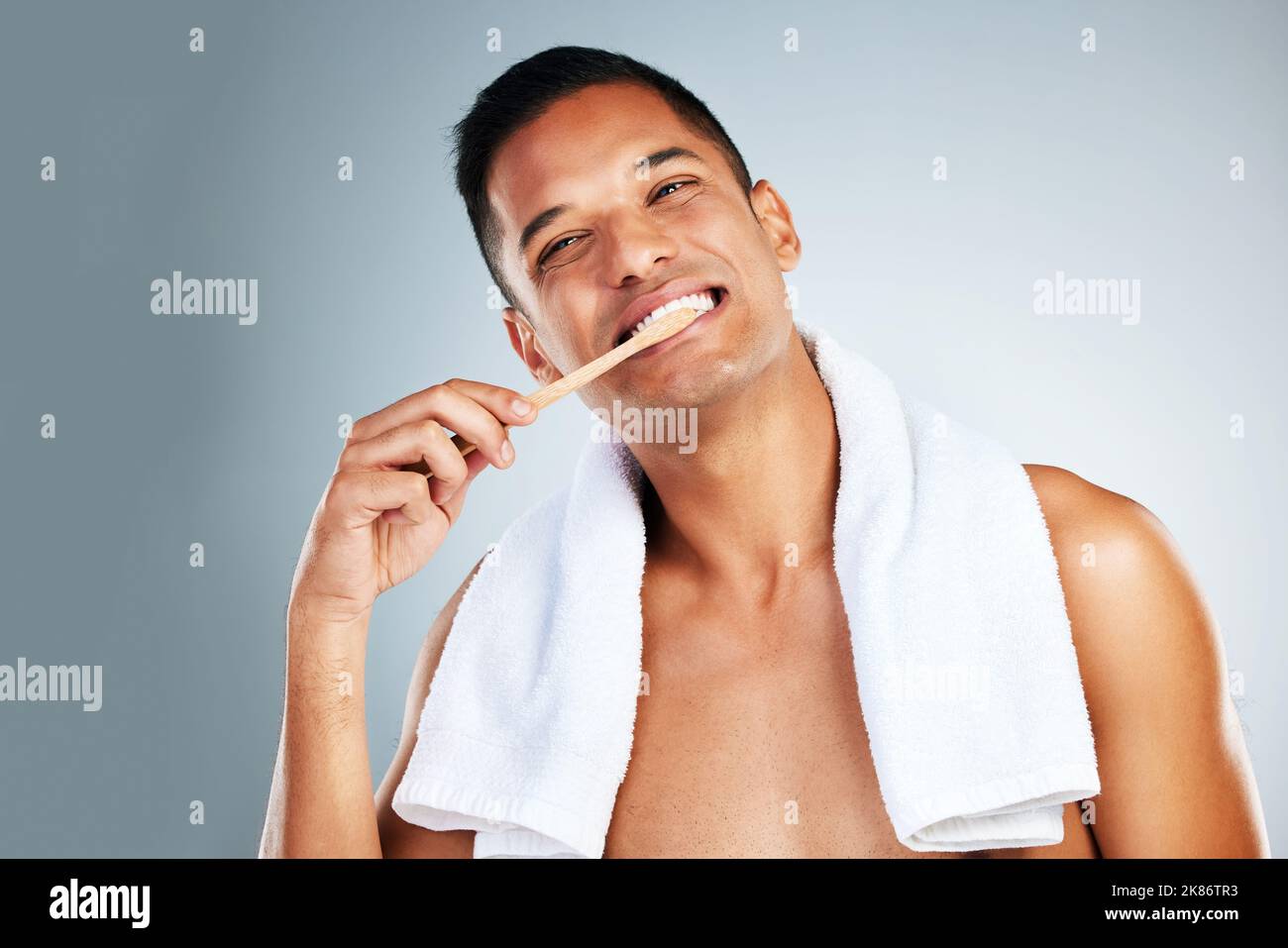 Dental, health and man use toothbrush and toothpaste to clean teeth for ...