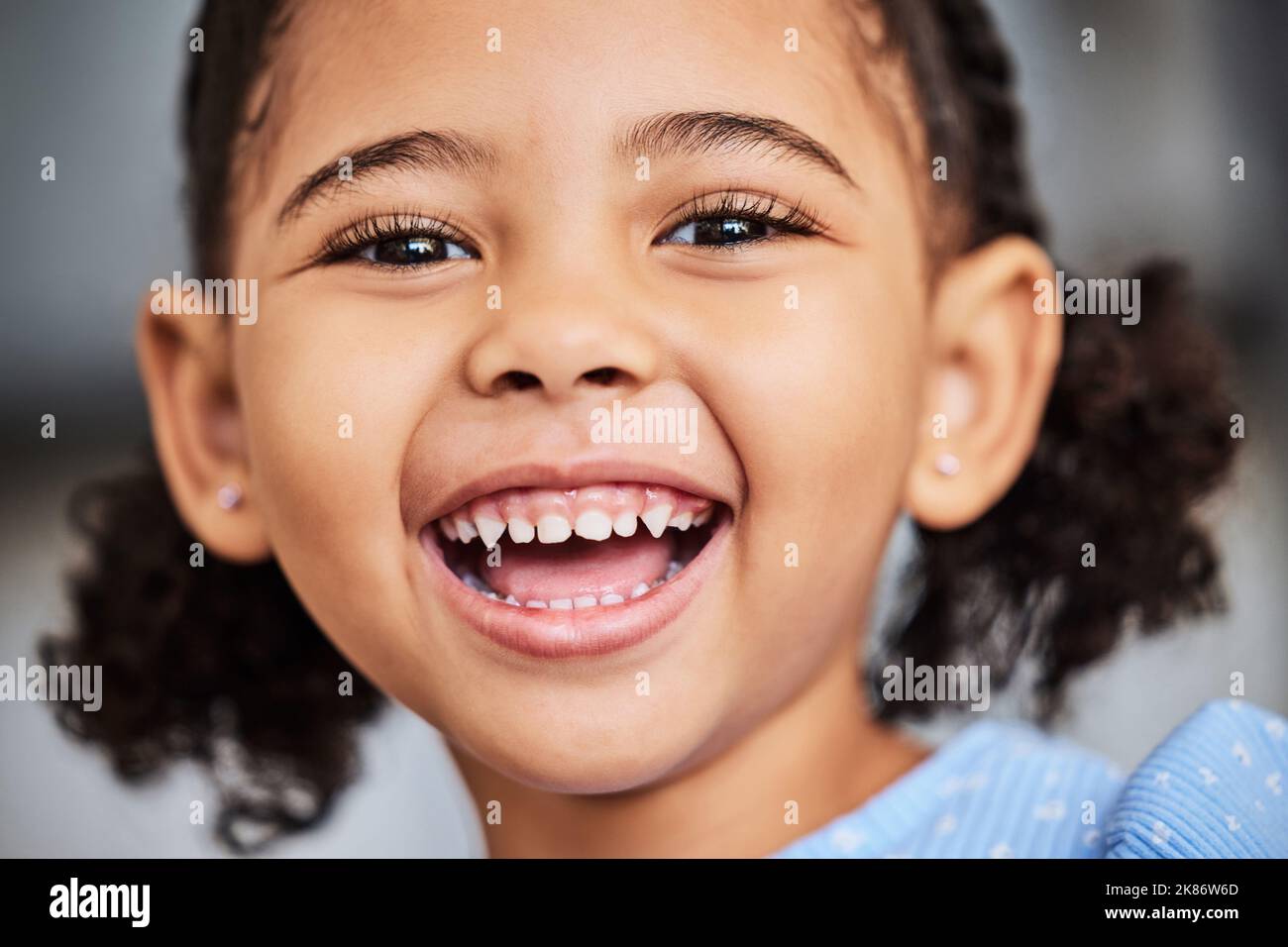 Girl, child and macro portrait with happy dental health smile on face ...
