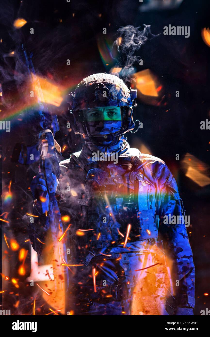 Army soldier in Combat Uniforms with an assault rifle and combat helmet ...