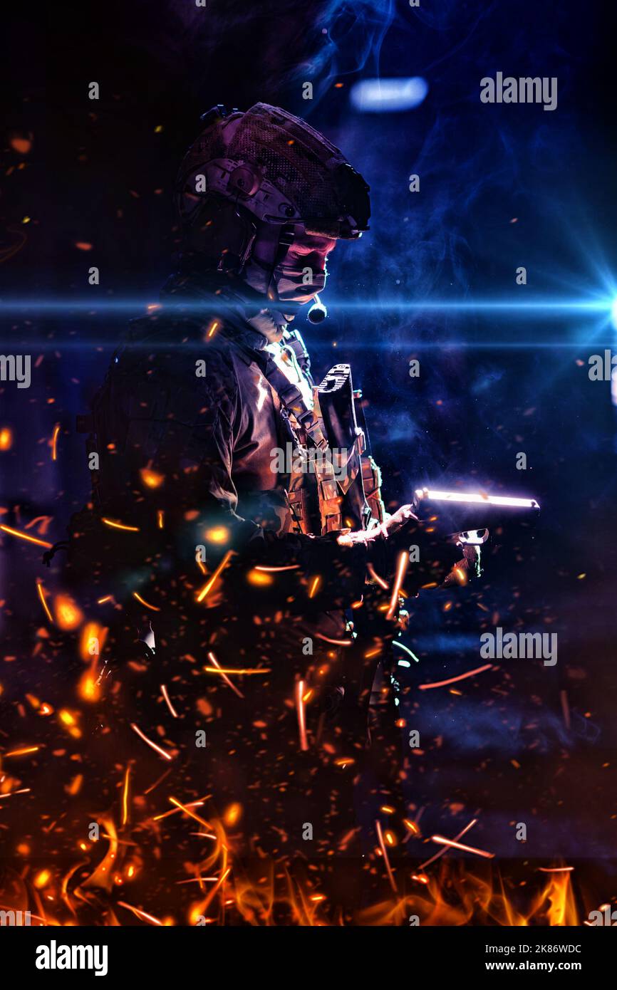 Soldier of army elite forces, special security service fighter with ...