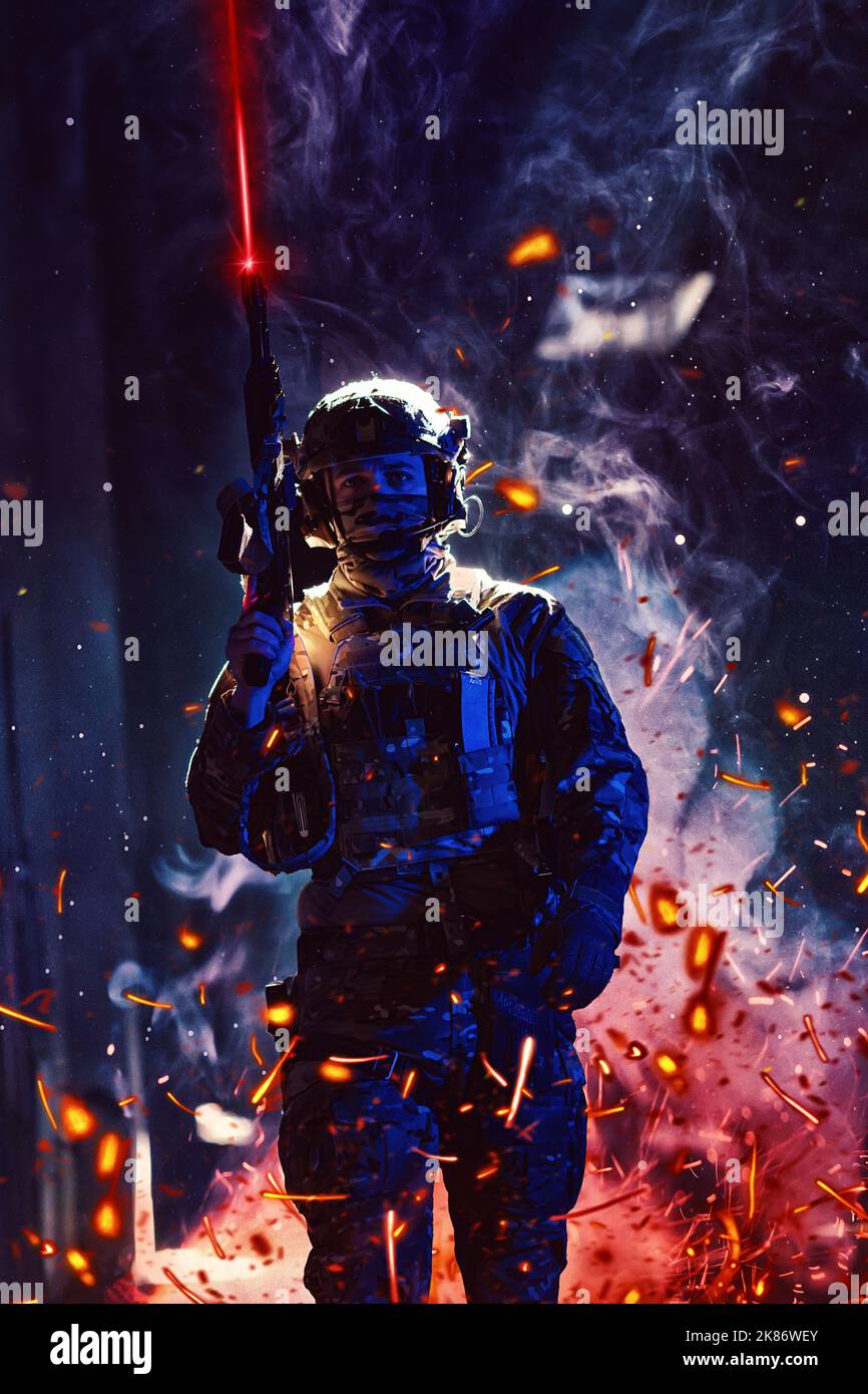 Army soldier in Combat Uniforms with an assault rifle and combat helmet ...