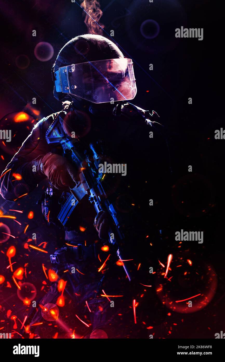 Army soldier in Combat Uniforms with an assault rifle and combat helmet ...