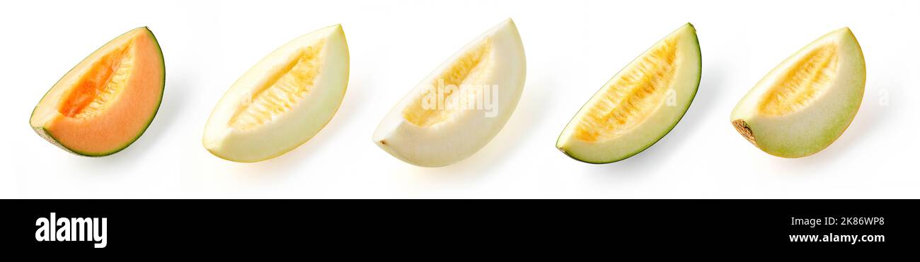 Various Melon slices isolated on white background, front view Stock ...