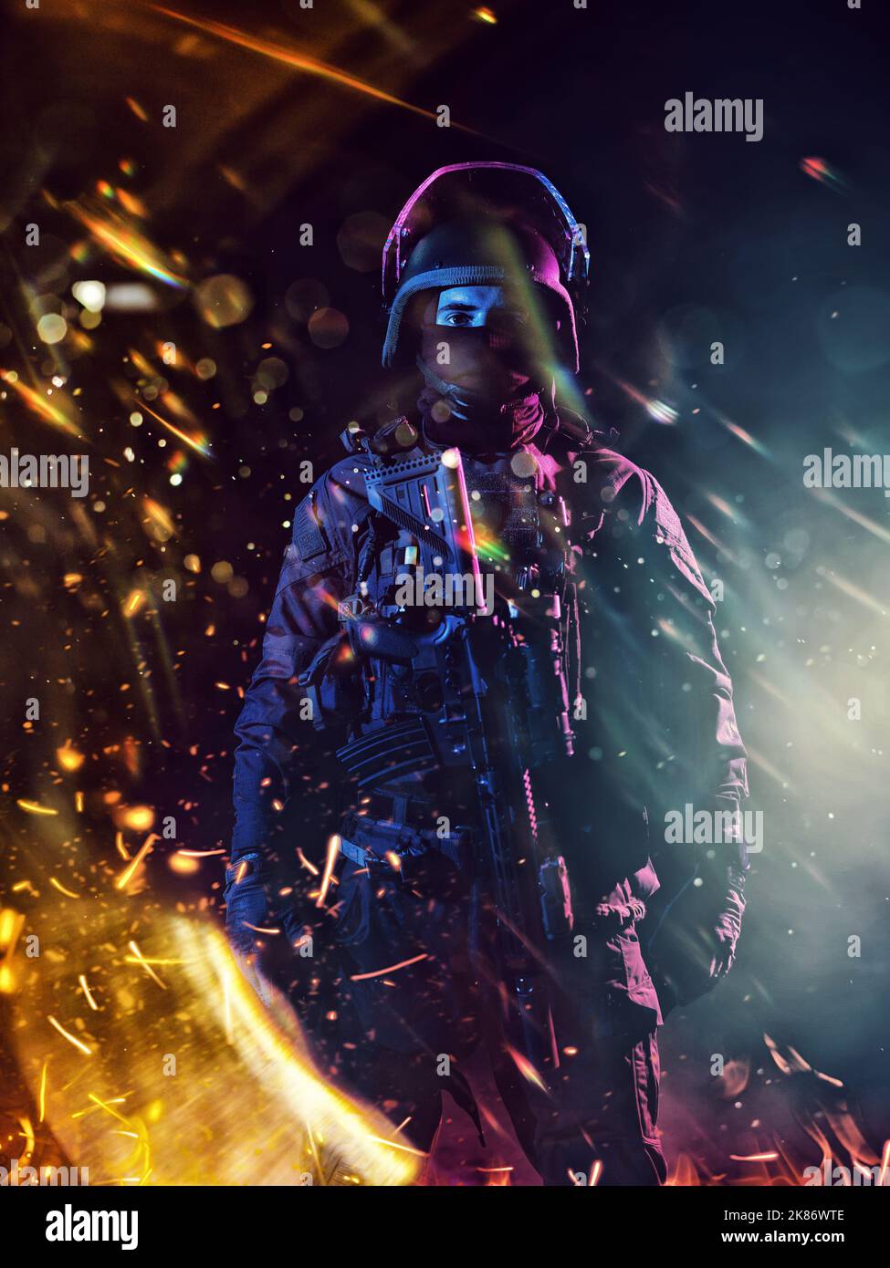 Army soldier in Combat Uniforms with an assault rifle and combat helmet ...