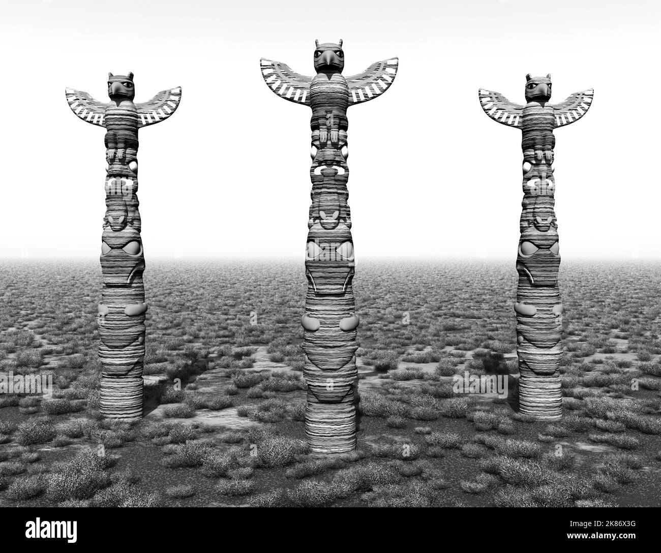 Three totem poles on the prairie in black and white Stock Photo - Alamy