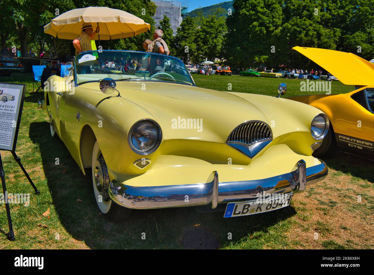 BADEN BADEN, GERMANY - JULY 2022: light yellow 1954 Kaiser Darrin ...