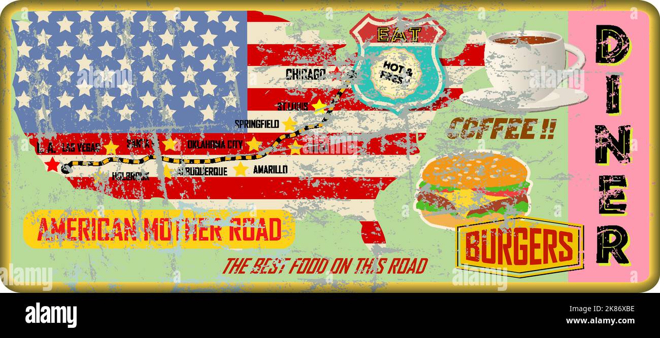 grungy american moter road diner sign and road map, retro grungy vector ...
