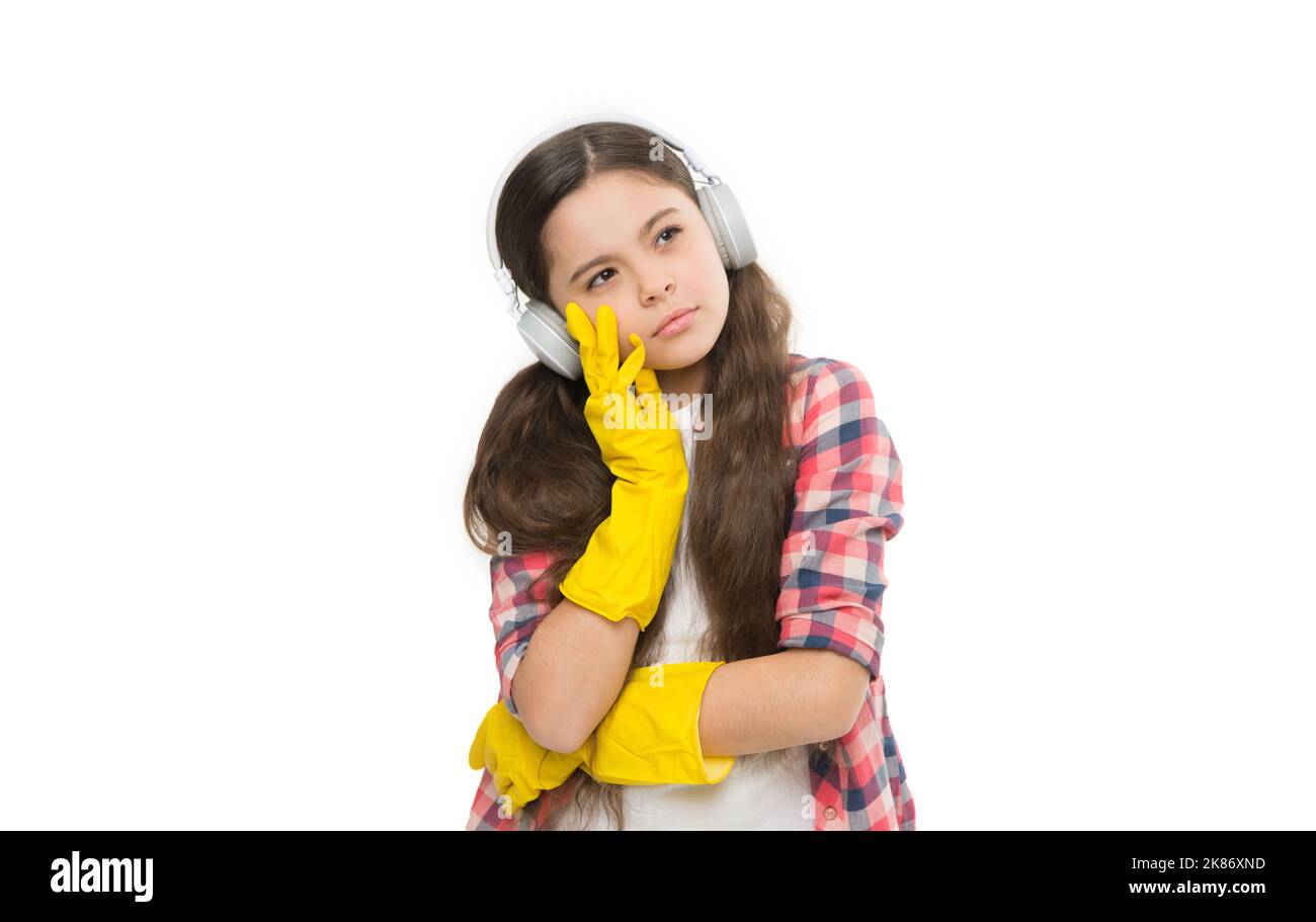 ready for home cleaning. motivating playlist. small girl doing ...