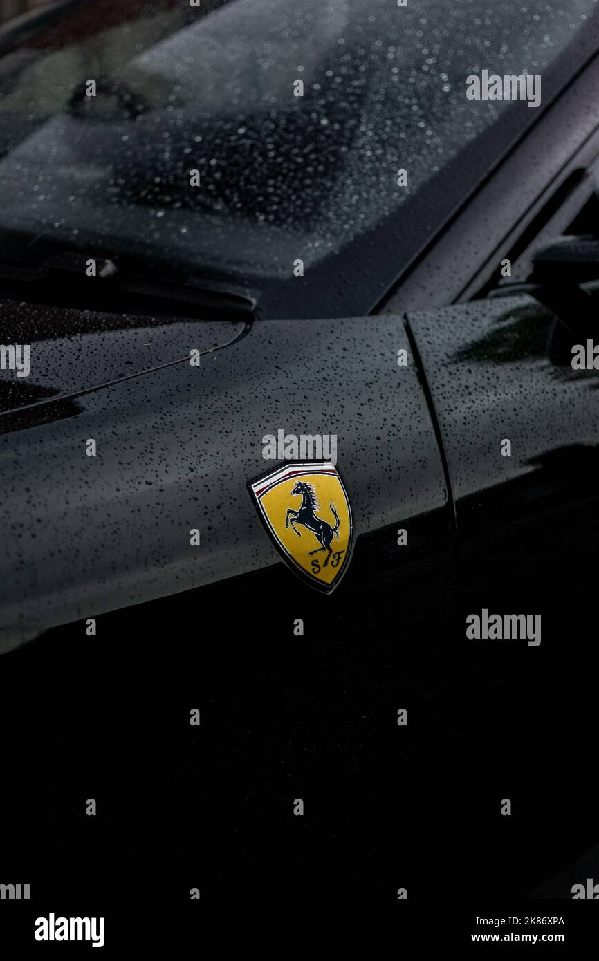 A vertical closeup shot of a black Ferrari and logo with rain drops on ...